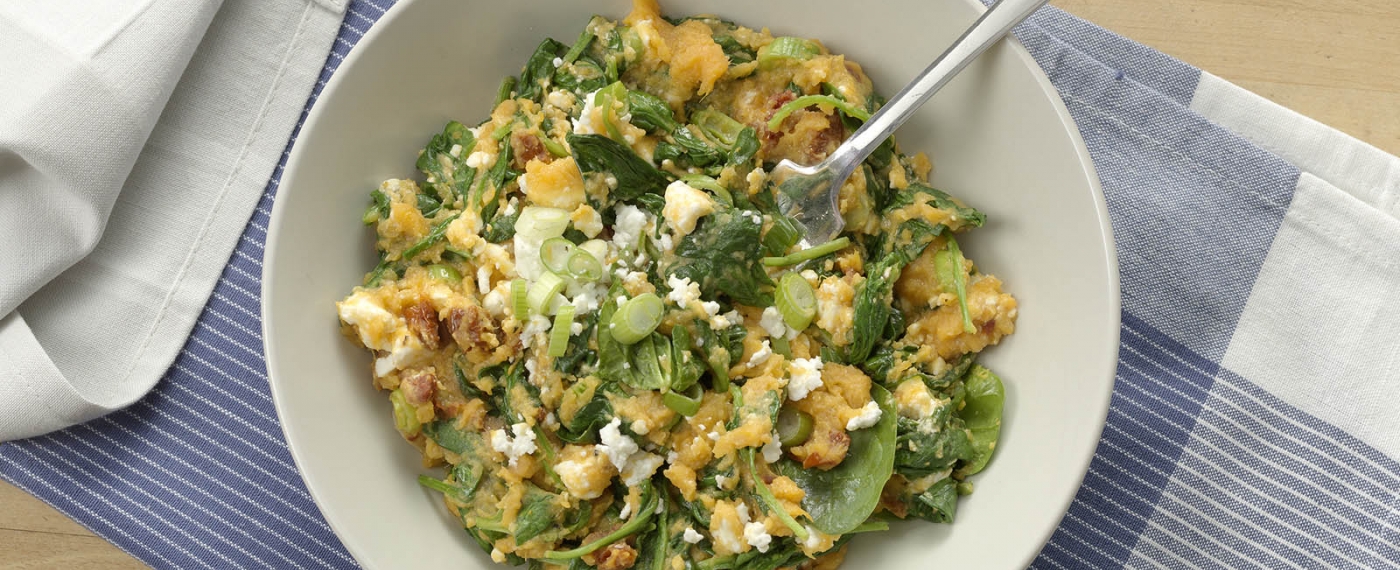 Zoete aardappel stamppot met spinazie & feta Zoete aardappel stamppot met spinazie & feta