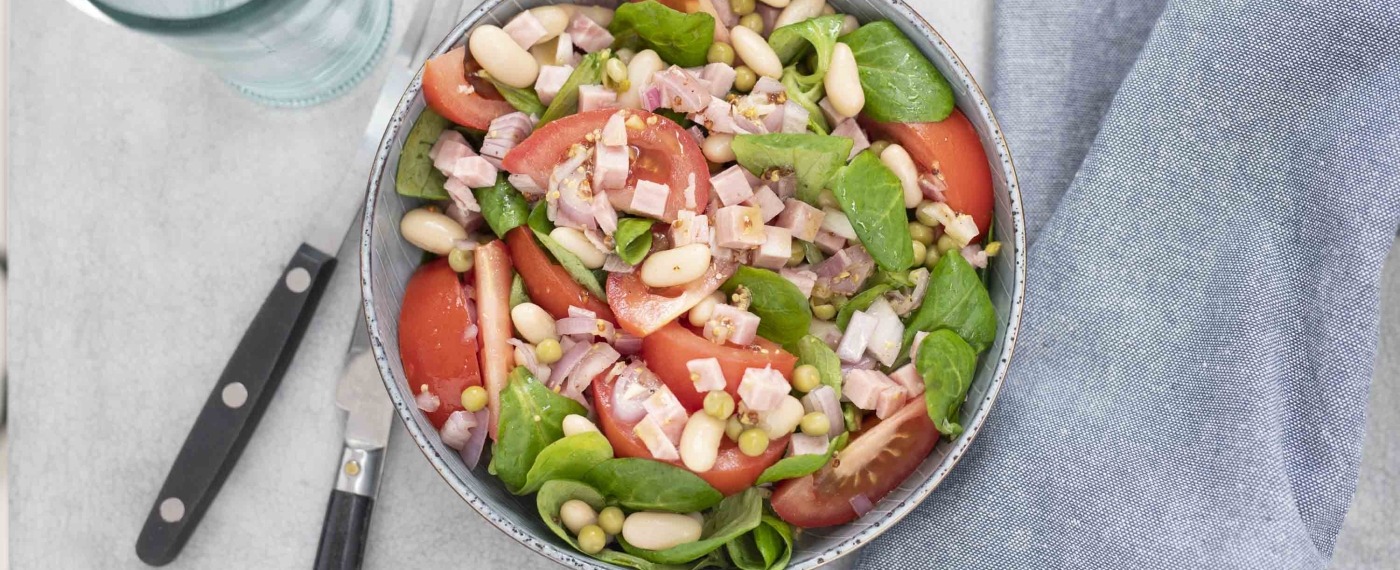 Bonensalade met hamblokjes