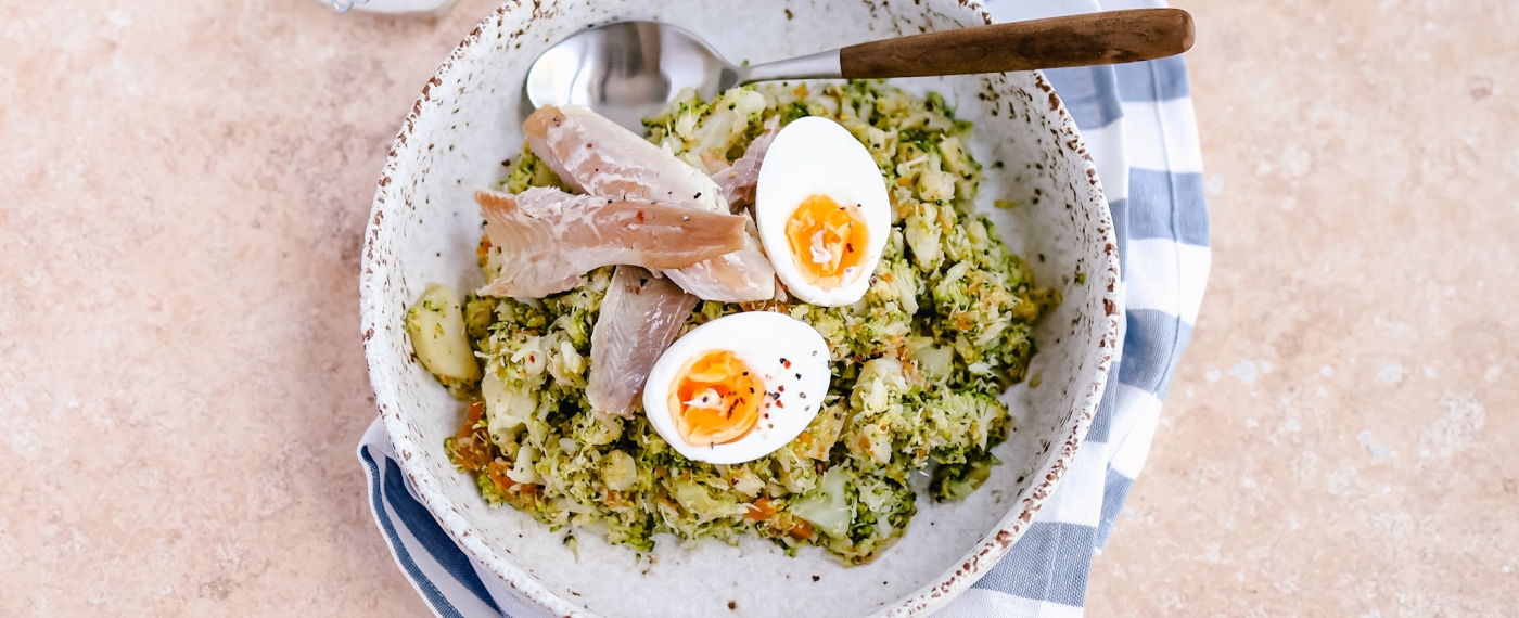 Groentepuree met forel & gekookt ei